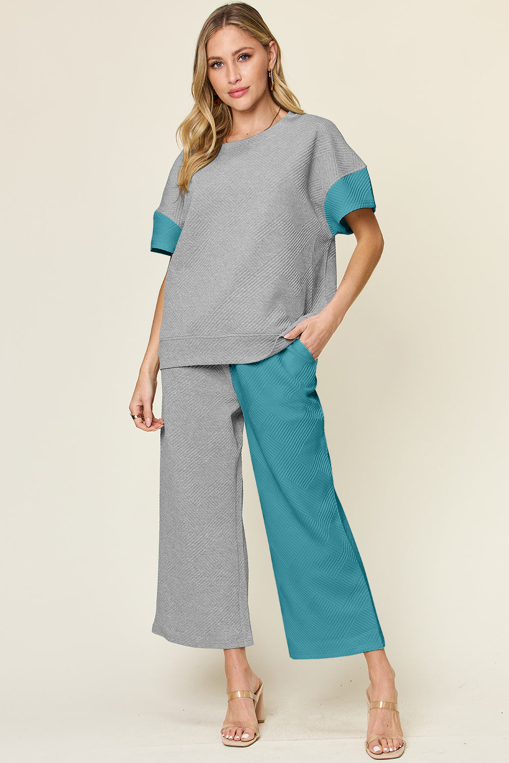 Double Take Full Size Texture Contrast T-Shirt and Wide Leg Double Take Full Size Texture Contrast T-Shirt and Wide Leg