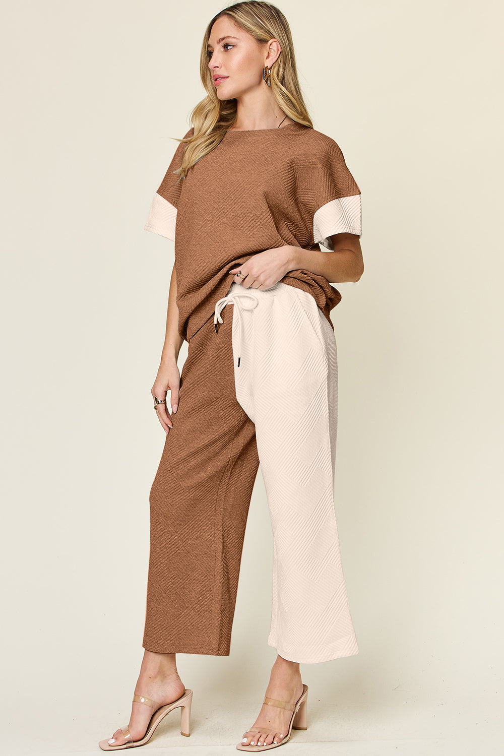 Double Take Full Size Texture Contrast T-Shirt and Wide Leg Double Take Full Size Texture Contrast T-Shirt and Wide Leg